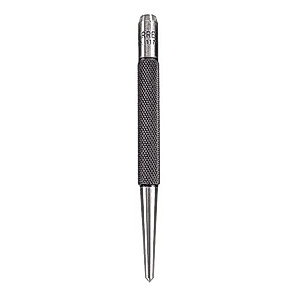 Starrett Steel Center Punch with Round Shank and Knurled Finger Grip - Hardened and Tempered, 4" (100mm) Length, 1/8" (3mm) Diameter Tapered Point