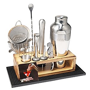 Bartender Kit, Cocktail Shaker Set for Drink Mixing,Bar Set with Silicone Pad,Bar Tools with Stand,Martini Shaker, Jigger, Strainer, Bar Mixer Spoon, Tongs, Opener
