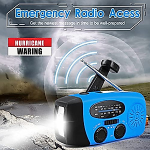 DaringSnail Emergency Hand Crank Radio with LED Flashlight for Emergency, AM/FM Portable Weather Radio with 2000mAh Power Bank Phone Charger, USB Charged & Solar Power for Camping, Emergency(Blue)