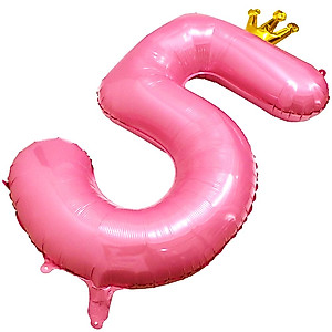 Digit Five Balloon Pink Crown Balloon 5 Year Old Sign Decor, Number 5 Foil Balloon 5th Birthday Balloon Decorations 5 Number Balloons for Wedding Bridal Shower Engagement Photo Shoot Anniversary