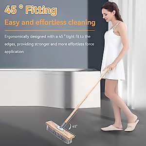 Rough Surfaces Floor Brush with Long Handle, 20cm Heavy Duty Stiff Bristles Floor Scrubber Stainless Steel Wire Deck Scrub Cleaning Tool for Tile, Deck, Garage, Kitchen, Bathroom, Deck