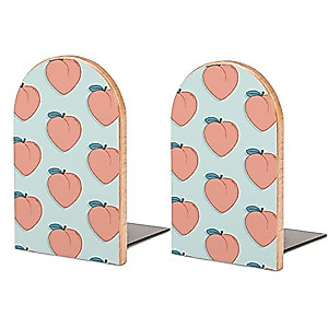 2 Pack Wood Bookends,Peach Pattern Decorative Book Ends Support for Shelves Desktop Organizer Wooden Bookshelf for Home School Office