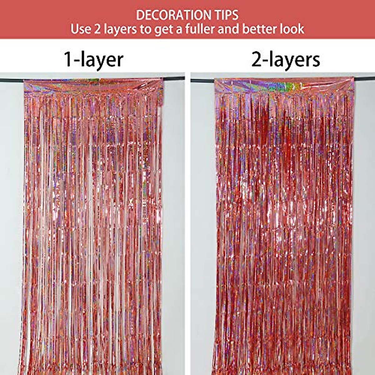 Foil Fringe Backdrop, Melsan 2 Pack 3.2 ft x 8.2 ft Tinsel Foil Fringe Curtains, Sparkle Fringe Curtains for Party Photo Background Decoration, Rose Gold