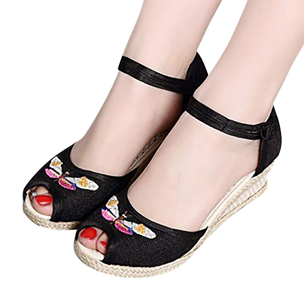 Singles Shoes Sandals for Women Retro Linen Canvas Wedge Round Toe Casual Sandals Walk Shoes Black