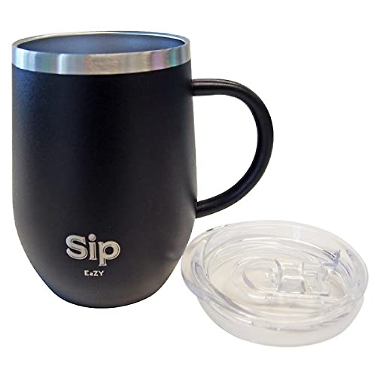 BLACK Double Walled 18/8 StainlessSteel Insulated Cup, Handle & Lid 12oz- Drinks Hot up to 6 hours Cold up to 24hour - Coffee, Tea, Beer, Water, Wine -Arrives Boxed for easy Gifting!