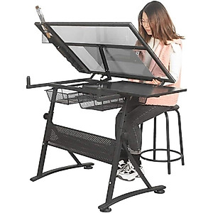 XiVue Drafting Table with Storage, Height Adjustable Tiltable Art Desk, Glass Panel Drawing Desk, for Work Study Painting Craft Table