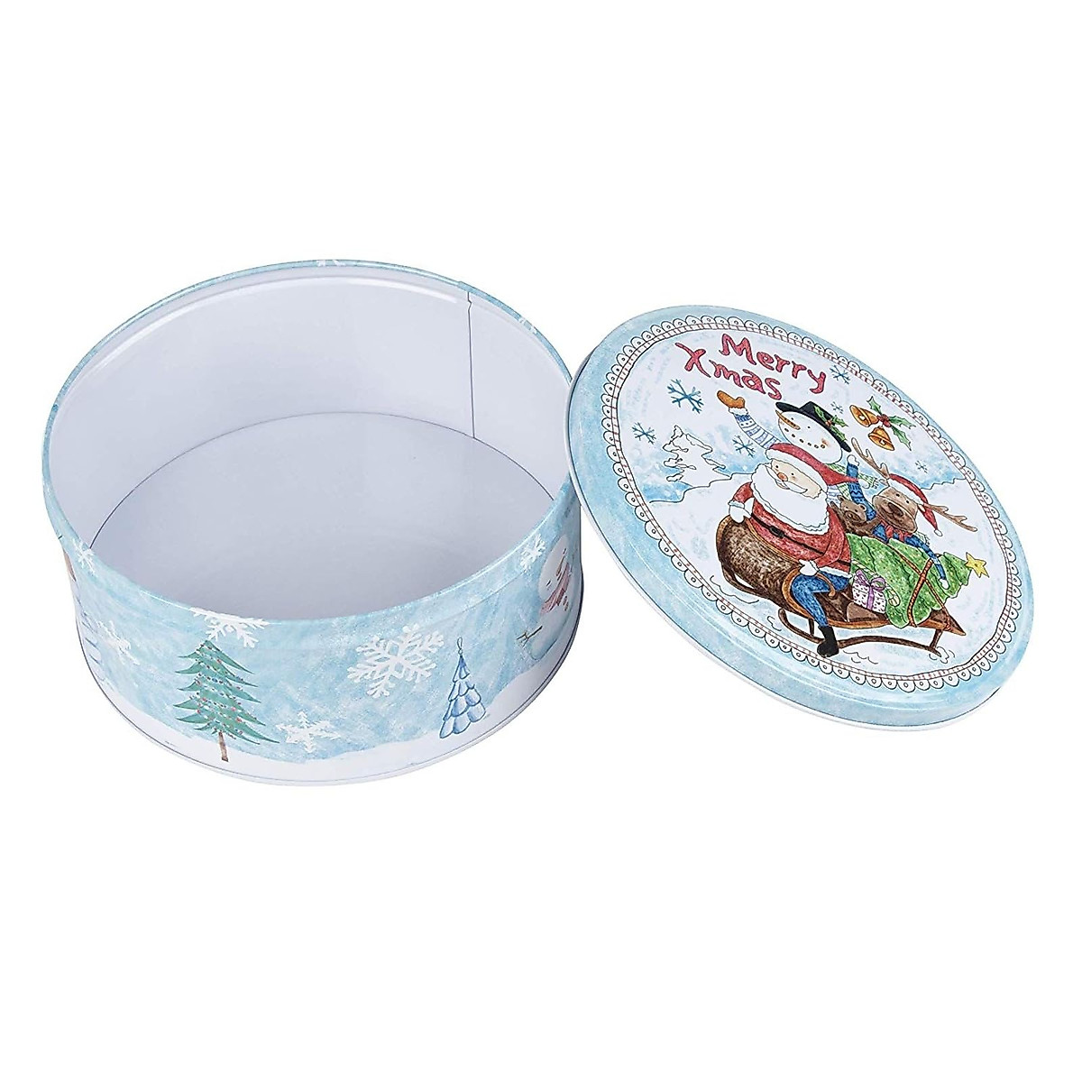 Juvale Christmas Nesting Cake Tins - 3-Set Round Nested Cookie Candy Storage Containers with Lids for Confectioneries, Holiday Decor, Light Blue and White