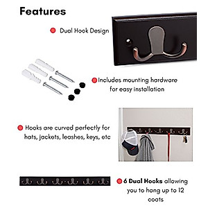 BIRDROCK HOME Dual Hook Coat and Hat Rack - 6 Dual Hooks - 27 Inches - Wall Mount - Decorative Home Storage - Entryway Foyer Hallway Bathroom Bedroom Rail - Oil Rubbed Bronze Hooks - Dark Brown Pine