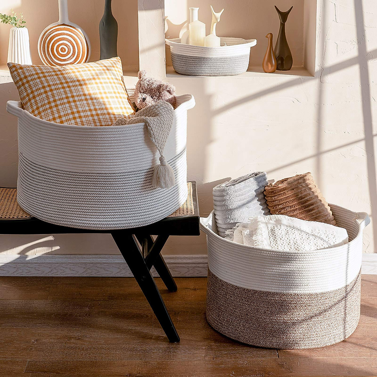 INDRESSME XXXLarge Cotton Rope Basket Woven Baby Basket set of 2