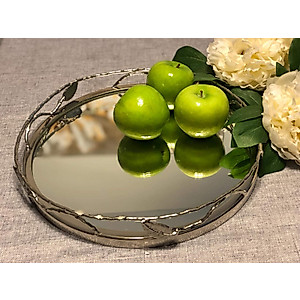 Round Mirror Tray with Nickel Leaf Design - Elegant Serving Tray - Round Mirror Vanity Tray…