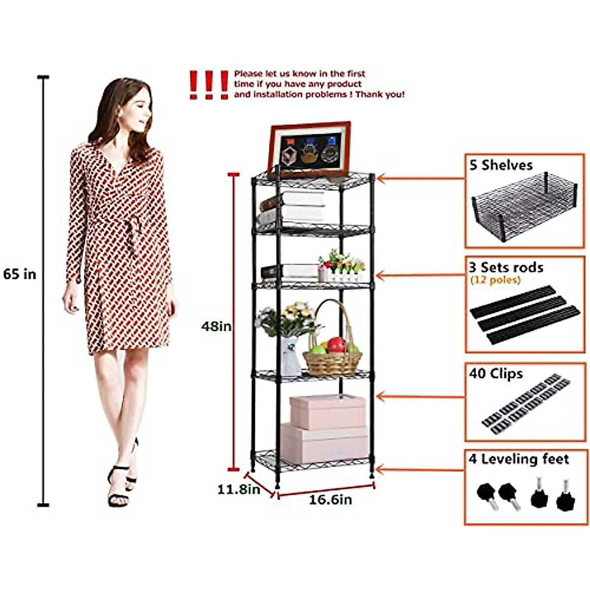 YOHKOH 5-Wire Shelving Metal Storage Rack Adjustable Shelves for Laundry Bathroom Kitchen Pantry Closet (16.6L x 11.8W x 48H, Black)