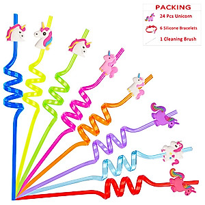 24 Reusable Drinking Plastic Straws + 6 Temporary Tattoos or 6 Silicone bracelets for Girls and Boys Birthday Party Decorations with Unicorn,Mermaid,or Dinosoaur,plus 1 Cleaning Brush