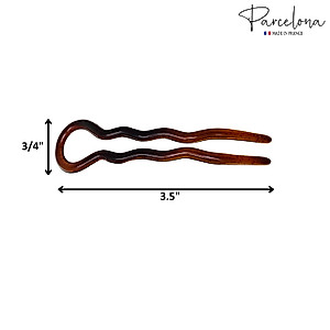 Parcelona French Sleek Brown Tortoise Shell Large 3 1/2" Celluloid Made in France Set of 3 Wavy Crink U Shaped Chignon Hair Pins Updo Bun Pin Sticks for Women and Girls