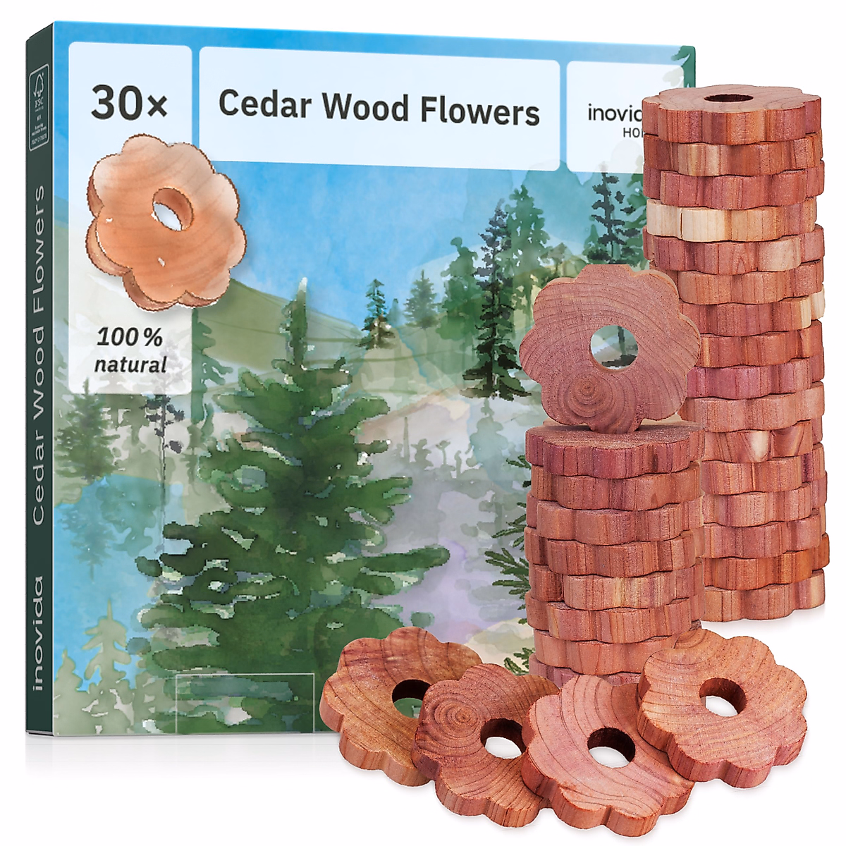 Inovida 30 American Cedar Wood Rings – Stop Clothes Damage - Wardrobe Freshener – Premium American Cedarwood Flowers for Fresh Scent in Drawers and Closets - Cedar Clothes Hangers