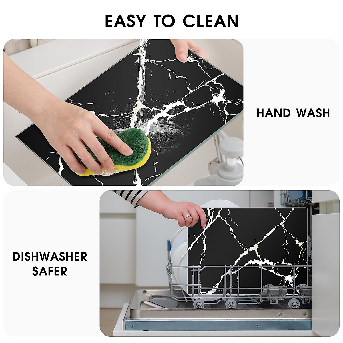 JAMBALAY Tempered Glass Cutting Board for Kitchen 12 x 16" 2 PCS, Marble Pattern Cutting Board, Chopping Board with Rubber Feet, Heat Resistant, Shatter Resistant, Dishwasher Safe, Black and Clear