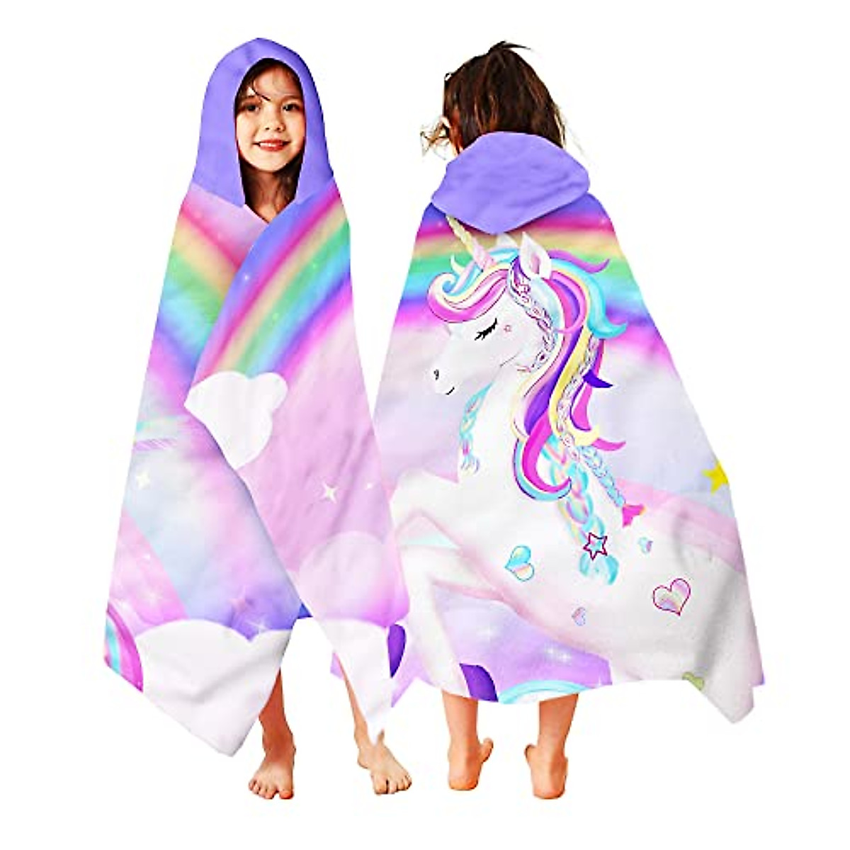 Unicorn Hooded Towel, Unicorn Beach Towel, Unicorn Towel for Girls 30" x 50", Cute Pink Rainbow Microfiber Absorbent Quick Dry Bath Swim Pool Towel Poncho Bathrobe with Hood Gifts for Kids Toddler