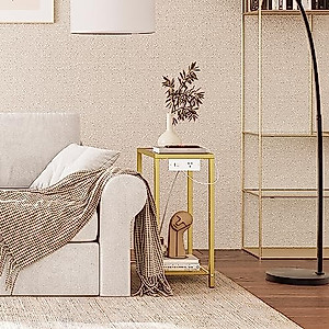 HOOBRO End Tables Set of 2, Side Table with Charging Station, 2-Tier Nightstands with Storage Shelves, Small Space Bedside Table, Telephone Table, Tempered Glass, Living Room, Gold GD56UBZP201