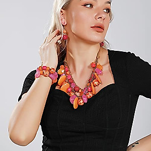 Bocar 2 Layer Statement Necklace Set Chunky Beaded Fashion Necklace with Earrings Bracelet for Women Gifts (NK-10619-set)