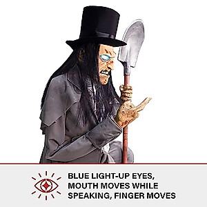 Haunted Hill Farm Motion-Activated Crouching Grave Digger by Tekky, Talking Scare Prop Animatronic for Indoor or Covered Outdoor Creepy Halloween Decoration, Plug-in or Battery Operated