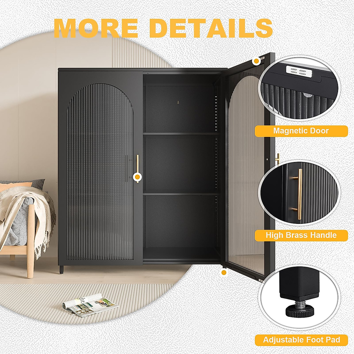 OSEILLC Metal Sideboard Buffet Cabinet with Tempered Glass Doors, Accent Cabinet with Adjustable Shelves, Credenza Cupboard Console Table for Kitchen, Living Room, Dining Room, Bedroom, Hallway