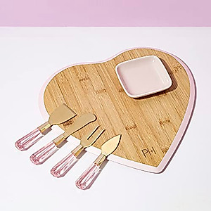 Paris Hilton Charcuterie Board and Serving Set, Bamboo Serving Board, Ceramic Dish, Cheese Utensils with Titanium Coated Blades, 6-Piece Set, Pink