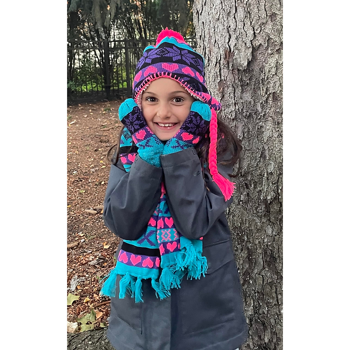 N'Ice Caps Kids Hat Glove Scarf Girls Winter Knit Accessory Set Warm Sherpa Lined 3 Piece (8-12 Years, purple/turq/fuchsia/black)