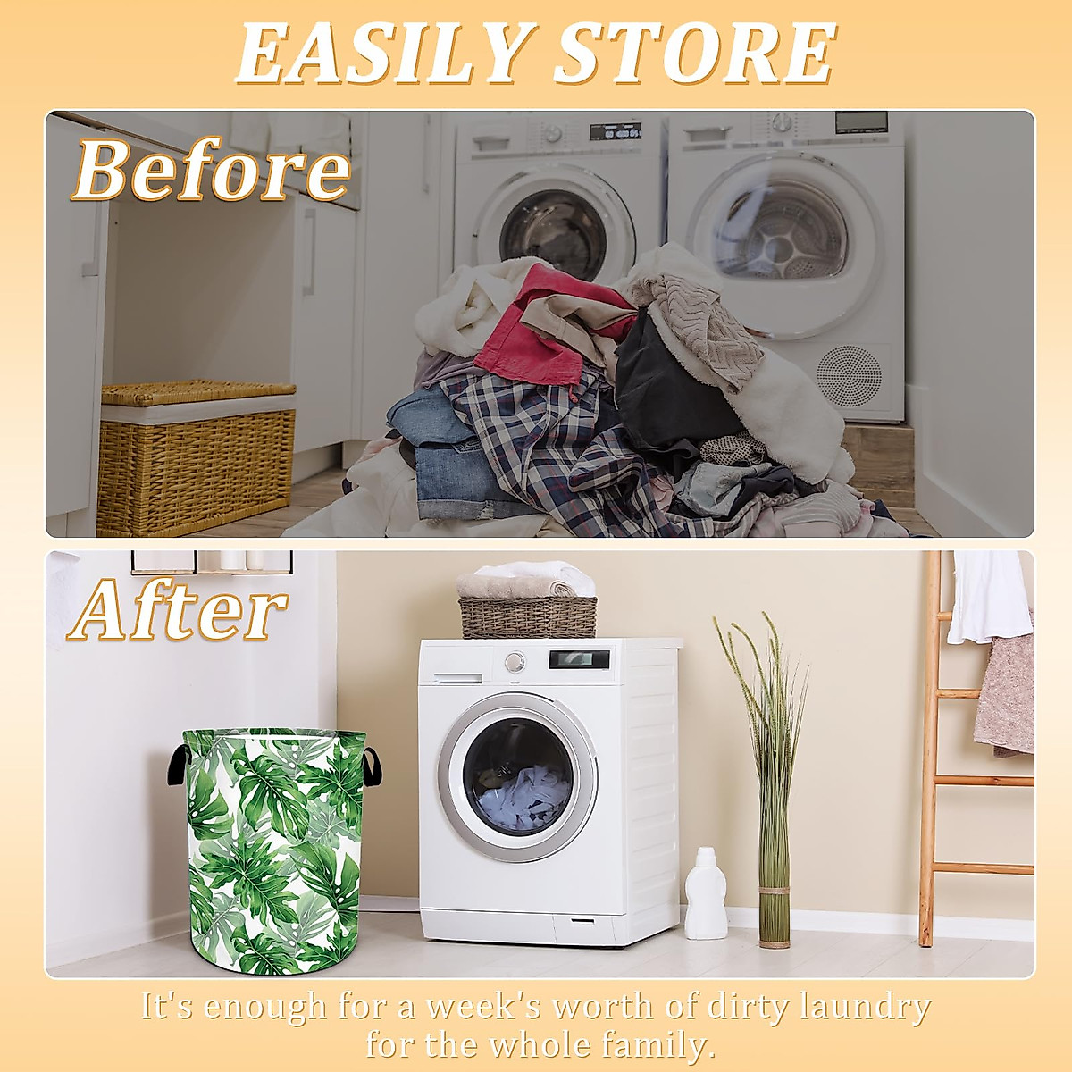 Palm Leaves Laundry Basket, Foldable Waterproof Oxford Cloth Floral Laundry Hamper Funny Tote Bag Dirty Clothes Storage Bucket Toy Organizer for Bathroom/Laundry/Bedroom 15.7"x19.6"