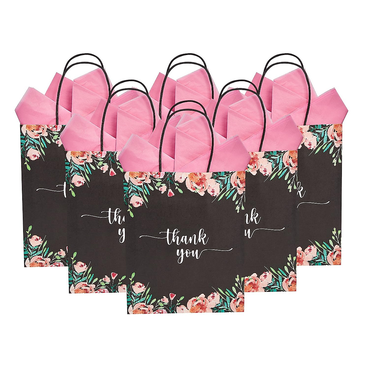 DjinnGlory 50 Pack Medium-Sized Floral Thank You Paper Gift Bags with Handles and Pink Tissue Paper for Boutiques, Weddings, Bridal Showers, Birthday Parties, 10x8x4 Inch (Black & Floral)