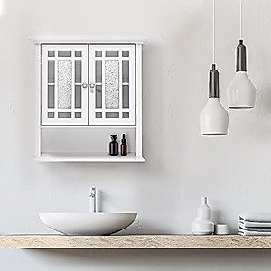 Teamson Home Windsor Wooden Over The Toilet Bathroom Removable Wall Medicine Cabinet with 1 Fixed and 1 Adjustable Shelf 3 Storage Spaces 2 Glass Mosaic Panel Doors and Chrome-Finished Knobs, White