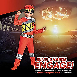 Red Power Rangers Costume for Toddlers. Official Licensed Red Ranger Dino Charge Classic Power Ranger Suit with Mask for Boys & Girls, Large (4-6)