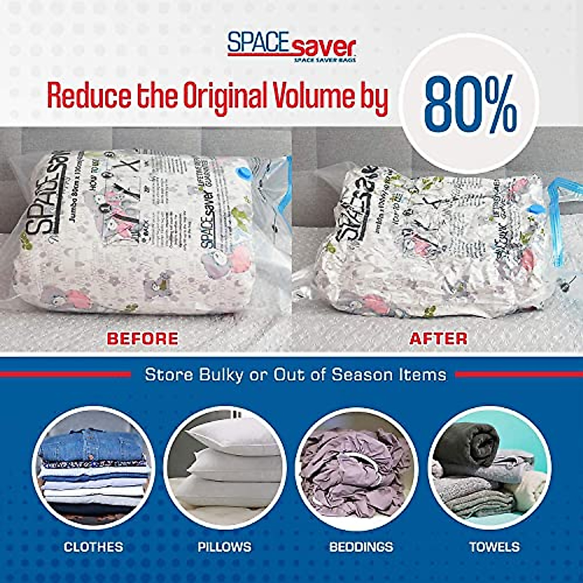Spacesaver Vacuum Storage Bags (Jumbo 10pk) Save 80% on Clothes Storage Space - Space Saver Vacuum Storage Bags for Comforters, Blankets, Bedding, Compression Seal for Closet Storage - Pump for Travel