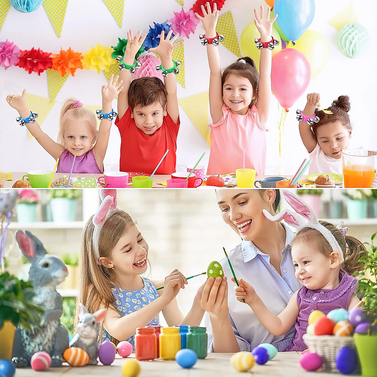 Augshy 24 Packs Shaker Musical Instruments for Kids, 12 Packs Egg Shaker and 12 Packs Wrist Hand Band Jingle Bells