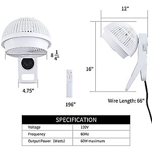 Heal Smart 7 inch Wall Mount Fan, 3 Speeds & 3 Modes, 15 Hours Timer, 60° Oscillating Circulating Fan, with Remote Control, Air Circulation Fan for Indoor Use, White