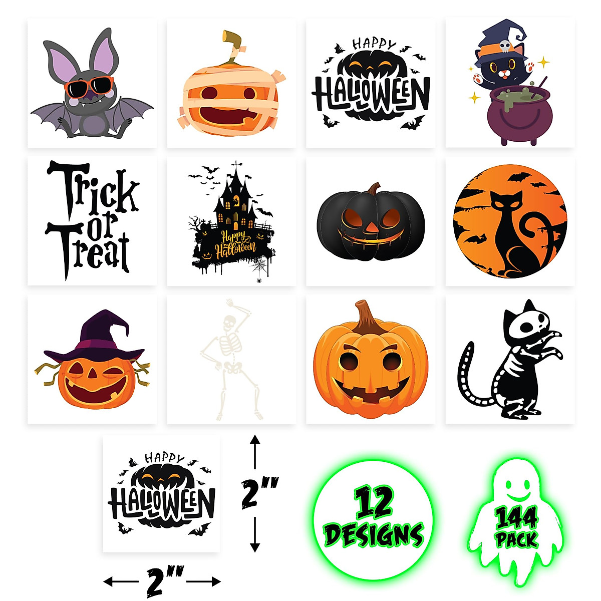ArtCreativity Individual Halloween Glow in the Dark Temporary Tattoos, Set of 144-2 Inch, Temporary Tats for Kids in 12 Spooky Designs, Halloween Party Favors for Kids, Trick or Treat gift
