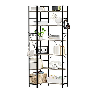 Hzuaneri Corner Bookshelf Bookcase, L-Shaped Industrial Bookshelves, Modern Tall Bookcases, Freestanding Display Shelf Storage Rack for Bedroom, Living Room, Home Office, 6-Tier Greige BC29605B