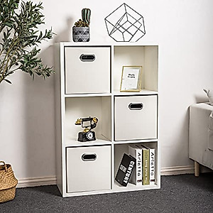 PRANDOM Leather Foldable Cube Storage Bins 13x13 inch [4-Pack] Fabric Storage Baskets Cubes Drawer with Cotton Handles Organizer for Shelves Toy Nursery Closet Bedroom Clothes White