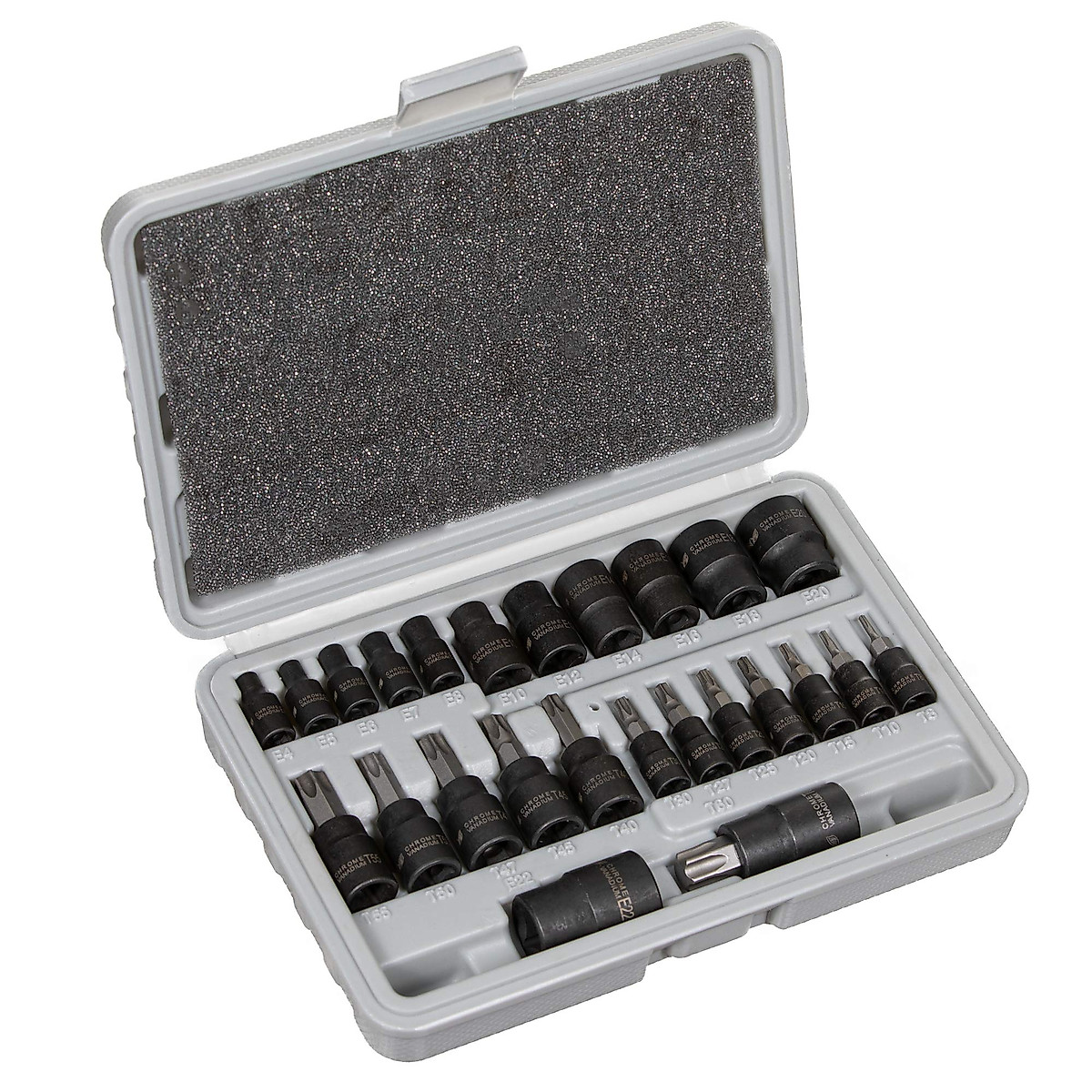 Torx Bit Socket Set (25 Piece Set - Torx and External Socket Set) 1/4", 3/8", and 1/2" Drive - 13 Star Socket Bits & 12 Female E Torx Sockets - Professional Grade Auto & Motorcycle Mechanic Socket Set