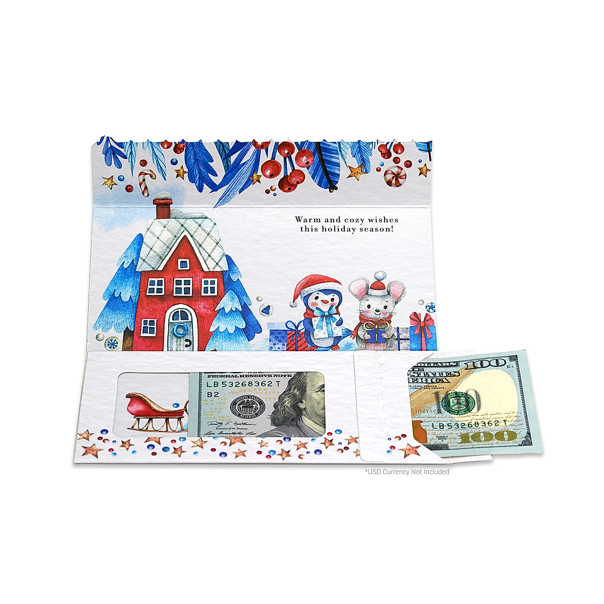 ZipGifts Holiday Card | Zip-Open Money Holder w/Clear Plastic Window for Cash, Check, & Gift Card (Warm & Cozy | 5-Pack)