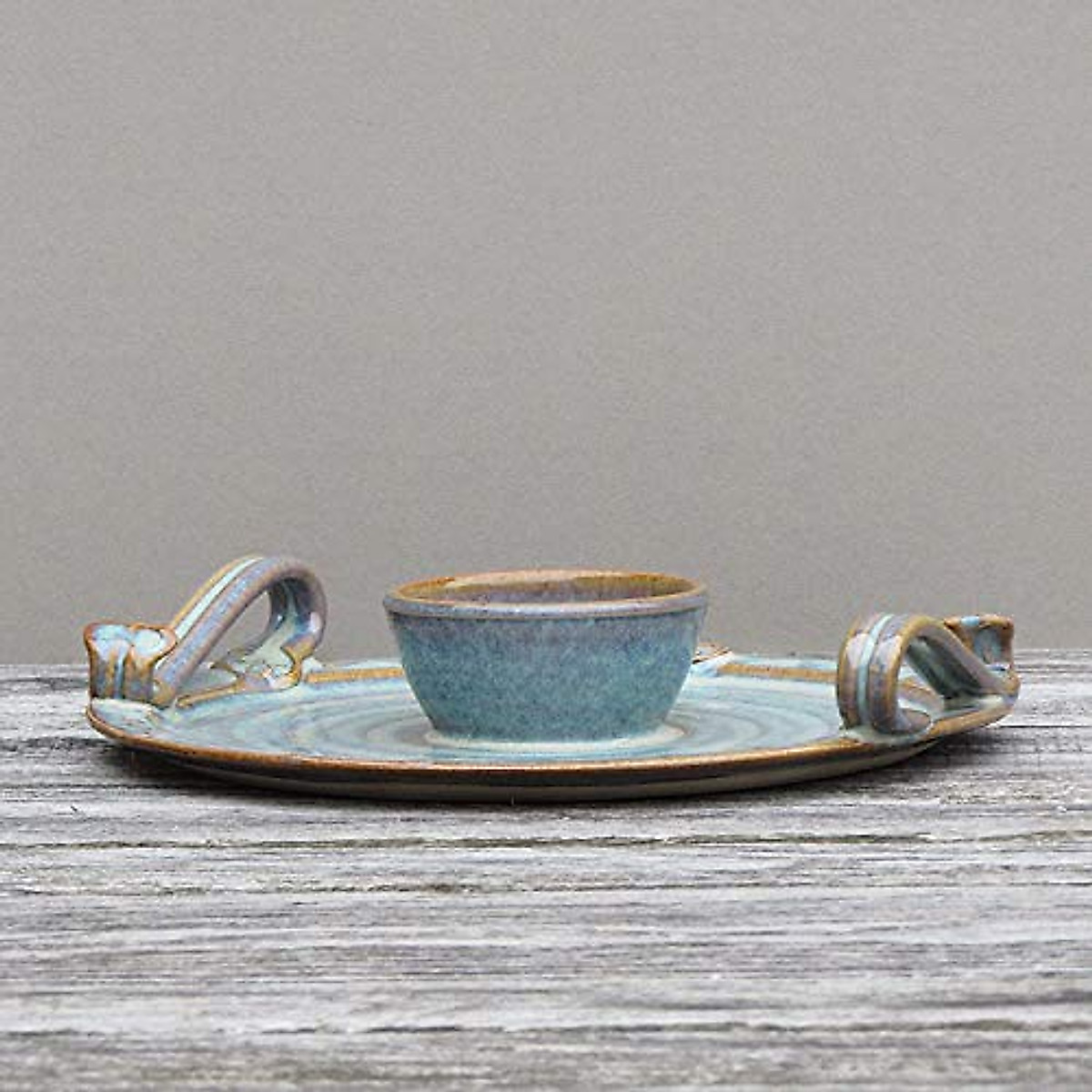 Castle Arch Pottery Handmade Party Platter with Dip Bowl. 9” Diameter Serving Plate with Celtic Spiral Logo. Original Irish Design Hand-Glazed for Durability and Quality of Finish (Green)