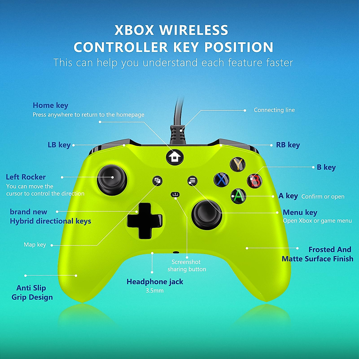 SZDILONG Wired Controller for Xbox One, Xbox Series X|S, PC Wired Controller with 5.9-Foot Cable and 3.5 mm Audio Jack, Green
