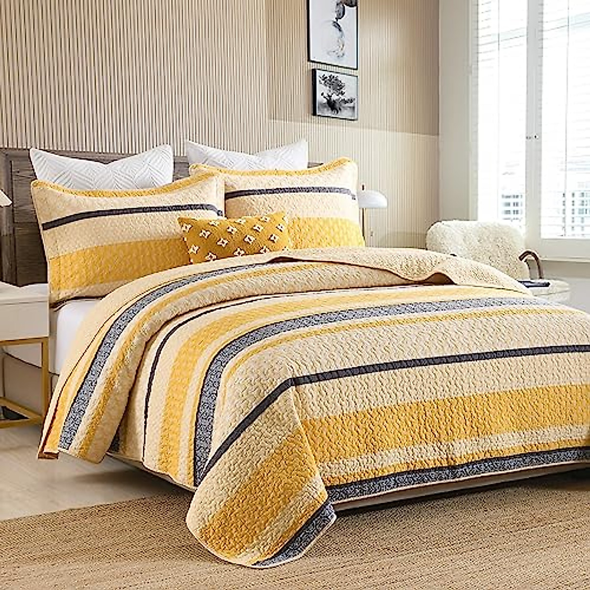 YUMIYUSHI Quilts Queen Size Sets， 100% Cotton Yellow Queen Quilt Set, Farmhouse Lightweight Queen Quilt Bedding Set,Yellow Black 3 Pieces Bed Quilt Sets in All Seasons