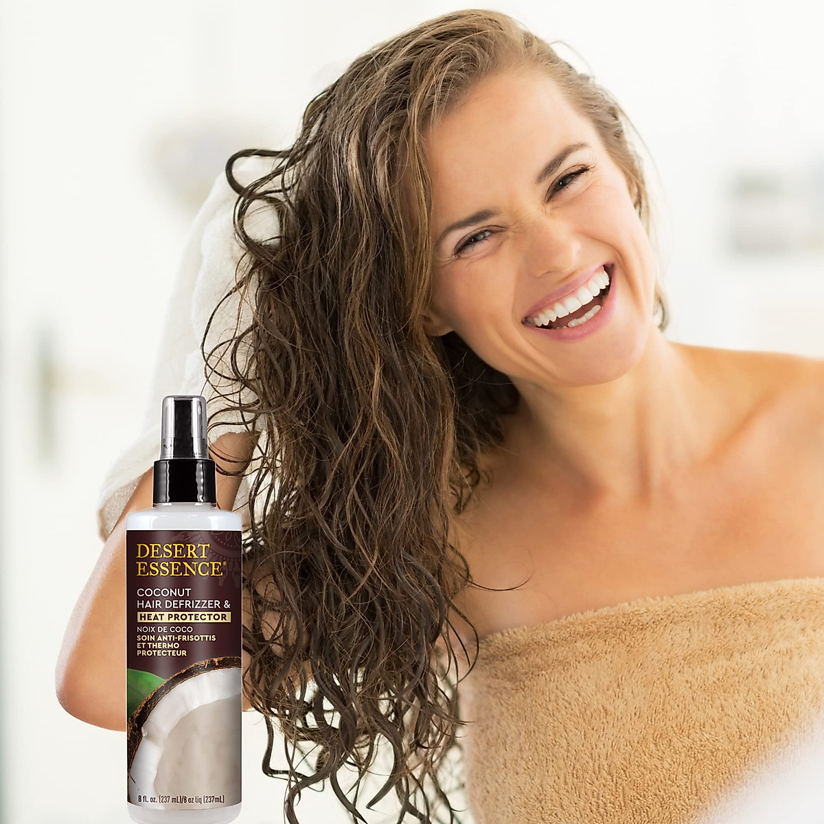 Desert Essence Coconut Hair Defrizzer & Heat Protector 8 fl oz - Gluten Free, Vegan, Cruelty Free - Coconut Oil & Jojoba Seed Extract - Protects Hair from Heat & Styling Damage