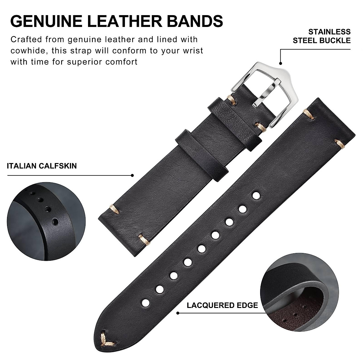 BISONSTRAP Men's Watch Bands, Hand-Stitched Leather Watch Straps, Quick Release, 20mm, Black with Silver Buckle
