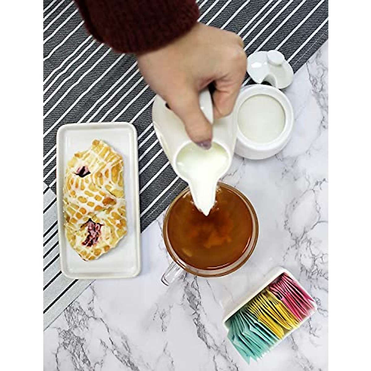 Darware Sugar and Creamer Set - 3-Piece Set w/Cream Pitcher, Sugar Bowl, Sweetener Packet Holder, White Ceramic Tea/Coffee Set