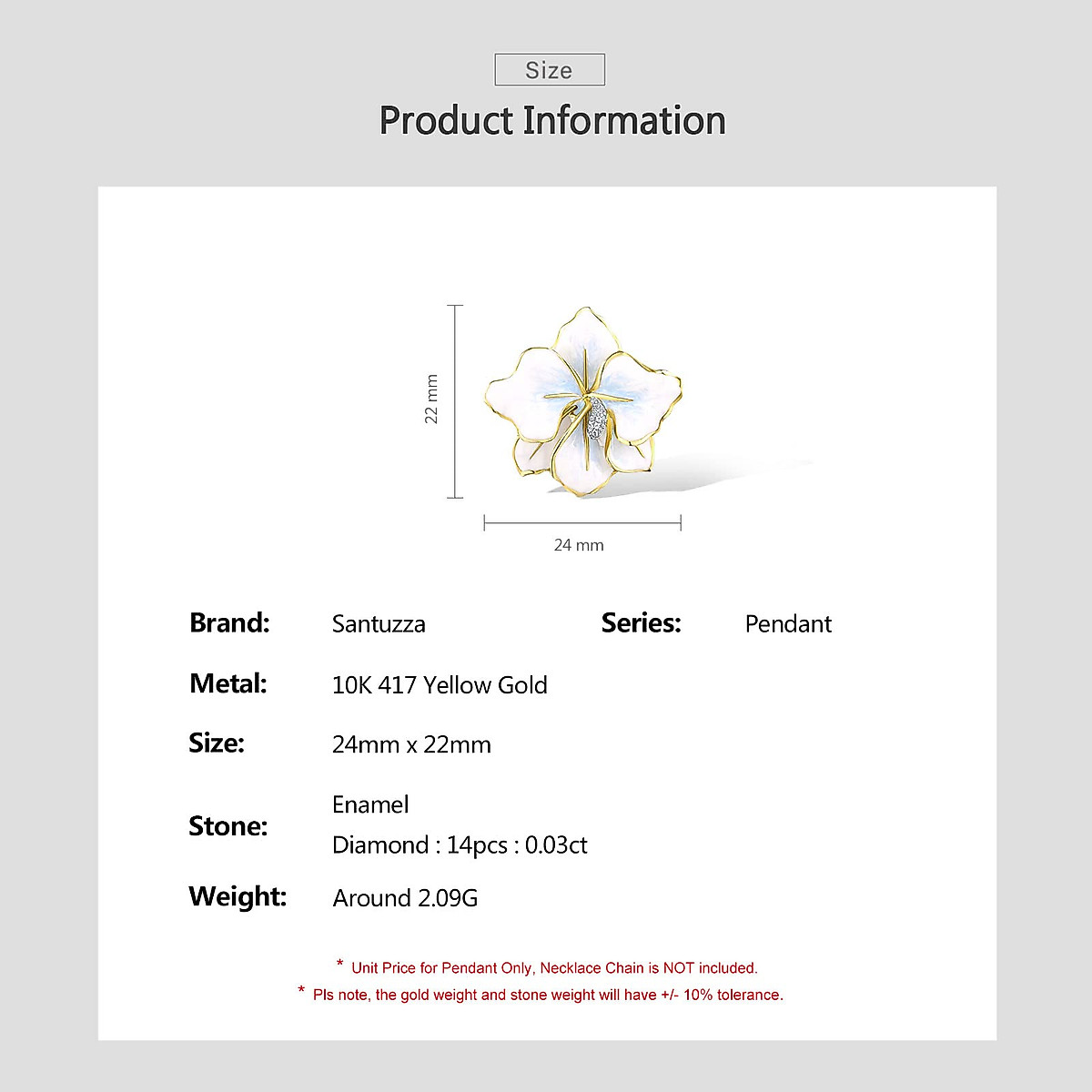 Santuzza 10K Yellow Solid Gold Enamel White Flower Pendant Lily Diamond Dainty Pendant Without Chain for Women