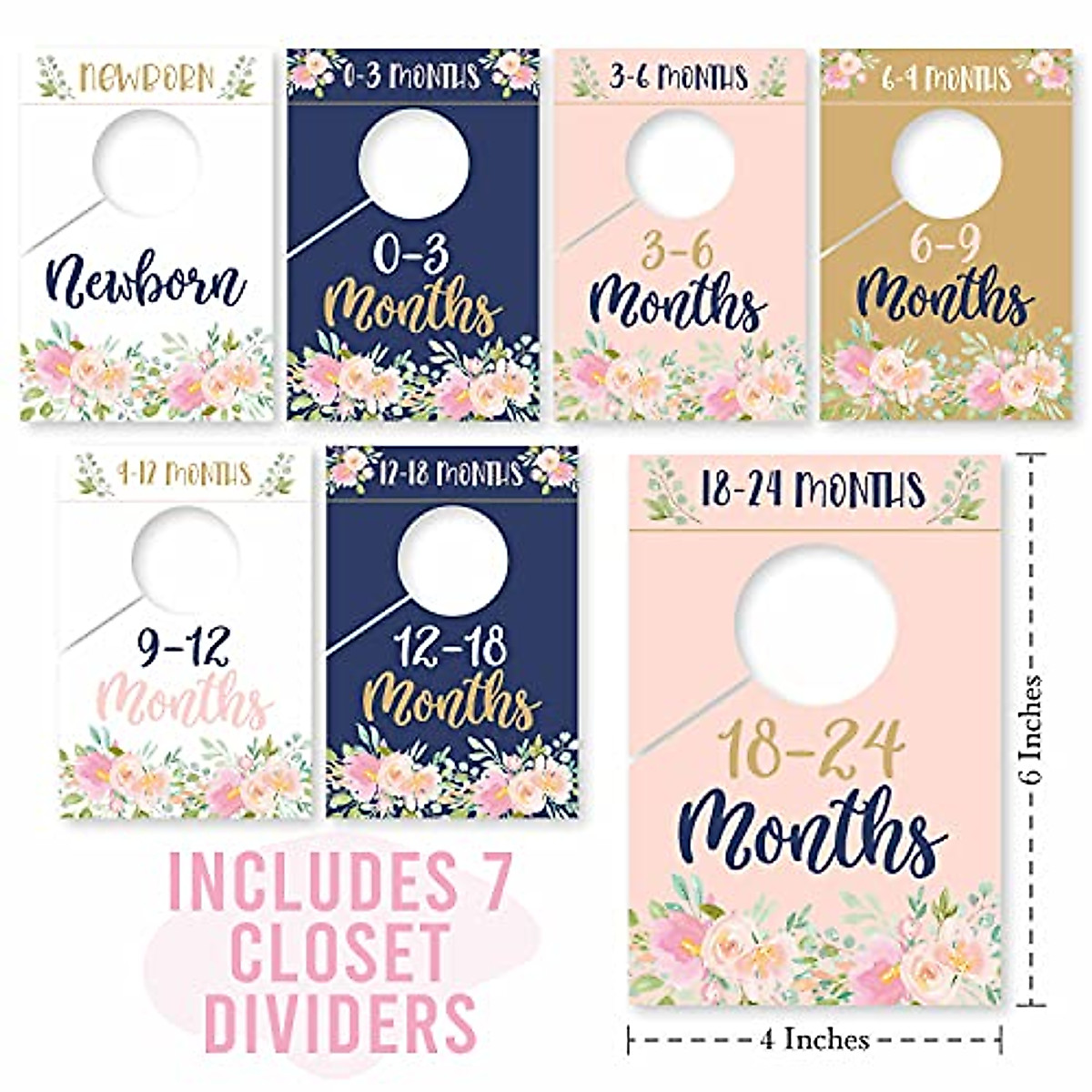 7 Navy Pink Gold Baby Nursery Closet Organizer Dividers For Girl Clothing, Floral Flower Age Size Hanger Organization For Kid Toddler Infant Newborn Clothes, Shower Registry Gift Supplies, 0-24 Months