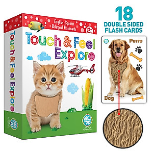 My Touch and Feel English Spanish Bilingual Picture Double Sided Sensory Flash Cards for Infant, Toddlers, Kids, Learn Animals, Fruits, Objects and Vehicles, Fun Learning and Educational Flashcards