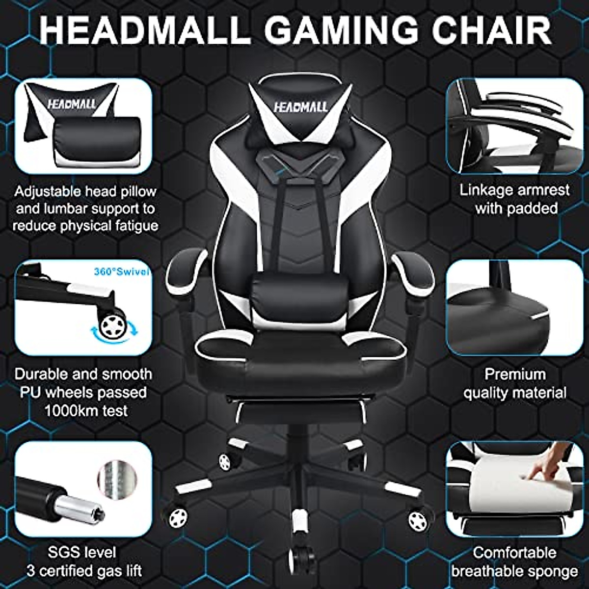 HEADMALL Gaming Chair with Footrest, Office Chair with Lumbar Support and Headrest Height Adjustable Gamer Chair with 360°-Swivel Seat - Black White