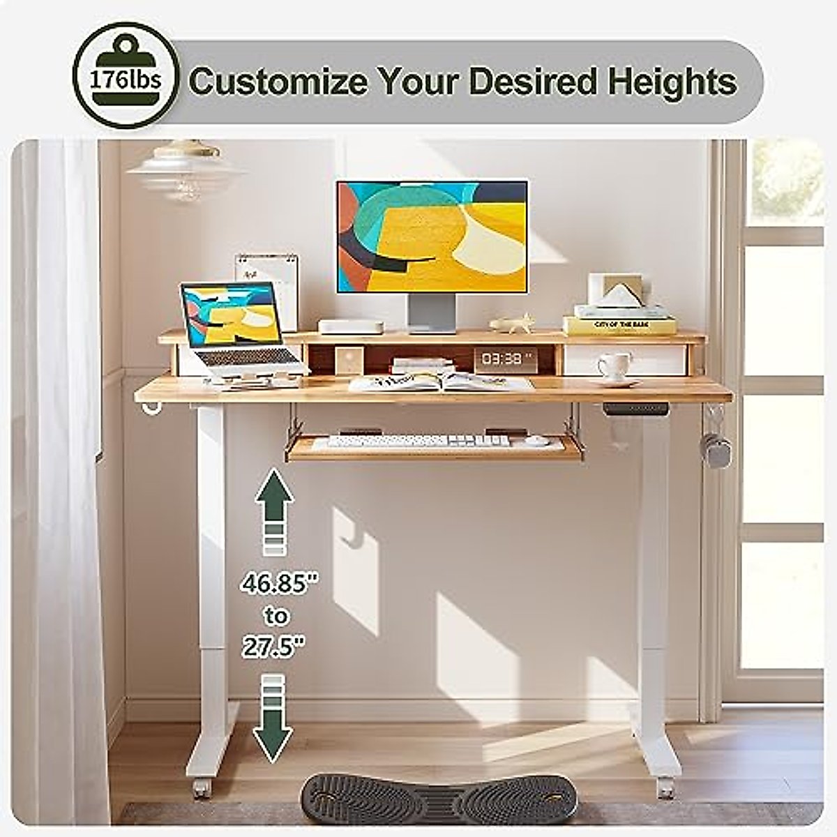 BANTI 48'' Height Adjustable Electric Standing Desk with Keyboard Tray, Home Office Desk Computer Workstation with Storage Shelf, Sit Stand Desk, Light Rustic Top