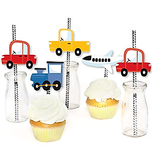 Big Dot of Happiness Cars, Trains, and Airplanes - Paper Straw Decor - Transportation Birthday Party Striped Decorative Straws - Set of 24